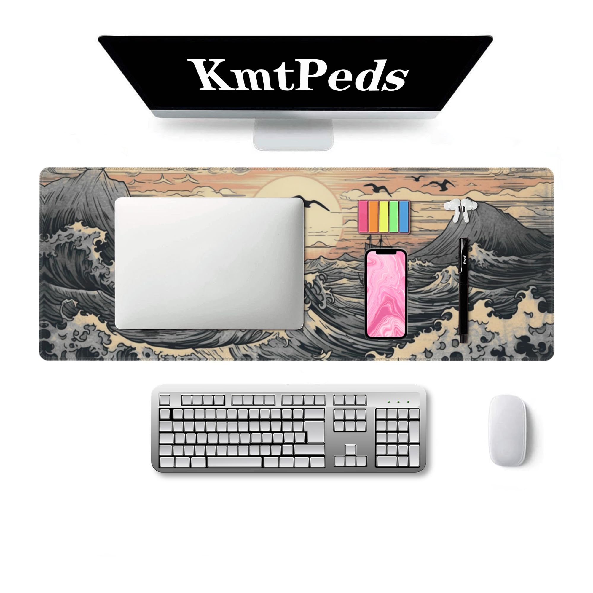 Japanese Sea Waves Large Gaming Mouse Pad,XL Mouse Pad Gaming Mouse Mat Desk Pad,31.5 x 11.8in Desk Mat Anime Mouse Pads for Desk,Extended Keyboard Pad Mousepad with Non-Slip Base and Stitched Edge