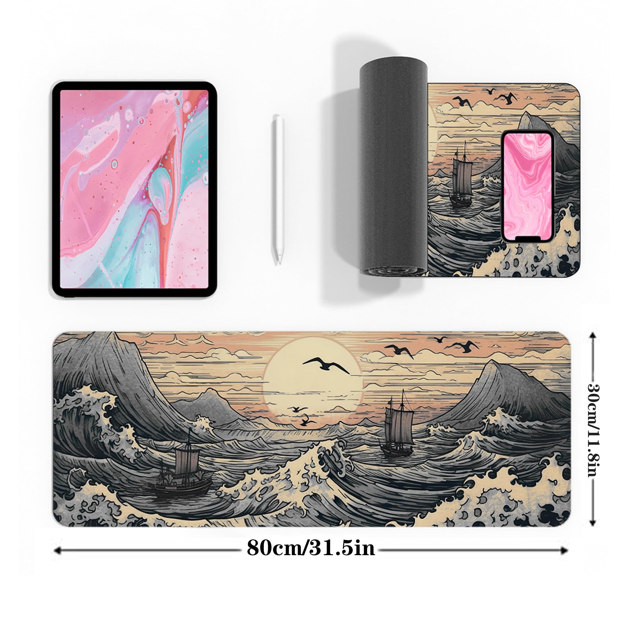 Japanese Sea Waves Large Gaming Mouse Pad,XL Mouse Pad Gaming Mouse Mat Desk Pad,31.5 x 11.8in Desk Mat Anime Mouse Pads for Desk,Extended Keyboard Pad Mousepad with Non-Slip Base and Stitched Edge