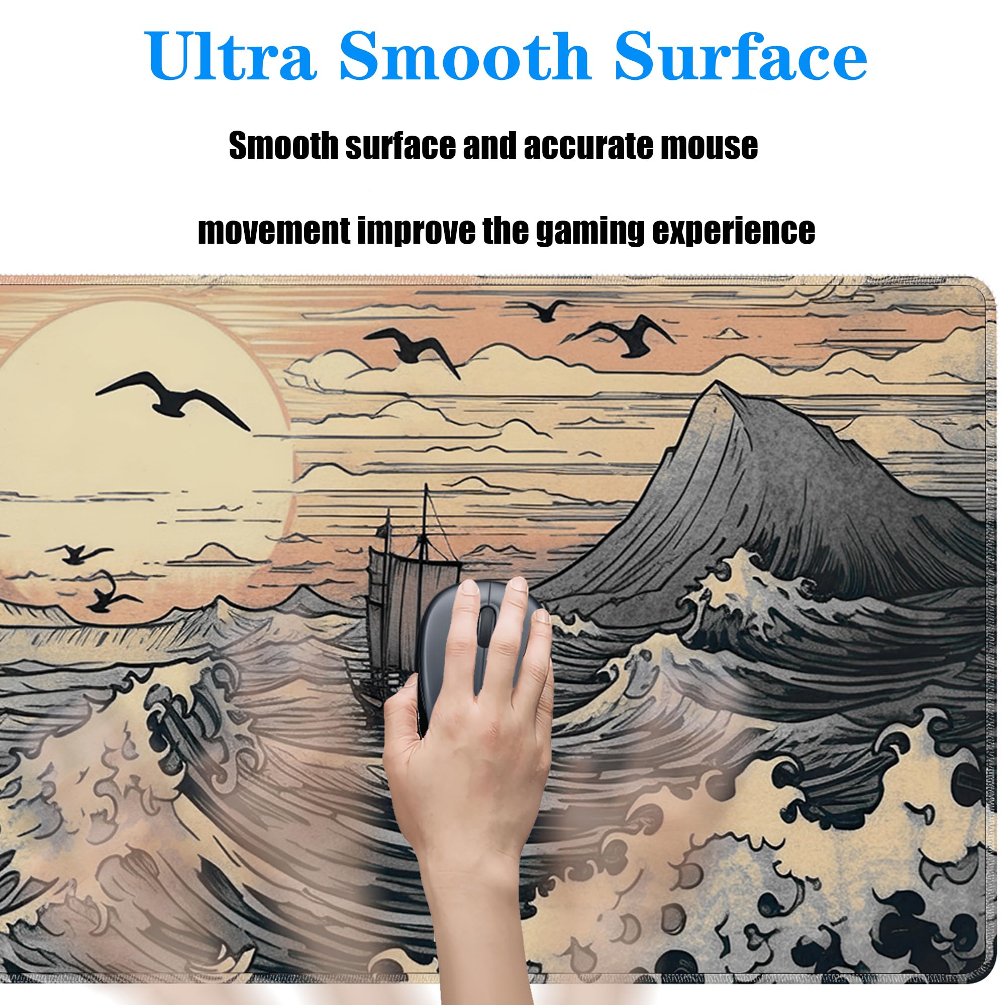 Japanese Sea Waves Large Gaming Mouse Pad,XL Mouse Pad Gaming Mouse Mat Desk Pad,31.5 x 11.8in Desk Mat Anime Mouse Pads for Desk,Extended Keyboard Pad Mousepad with Non-Slip Base and Stitched Edge