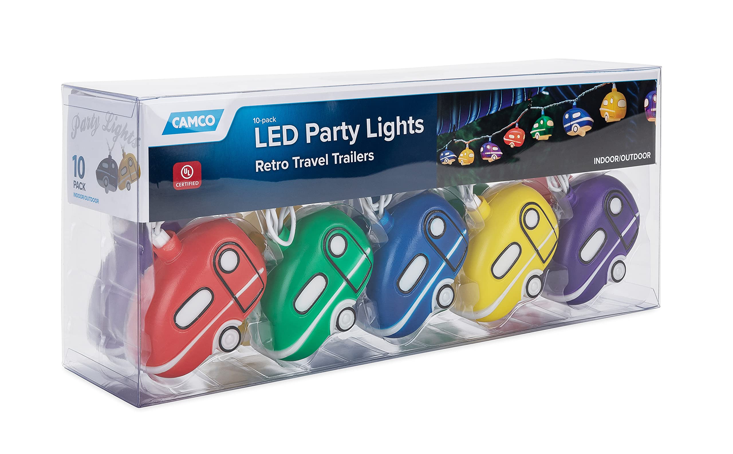 Camco Retro Travel Trailer Party Lights | Features an 8' Strand with (10) Travel Trailer Lights | Perfect for RV Awnings and Campsite Décor (42655)