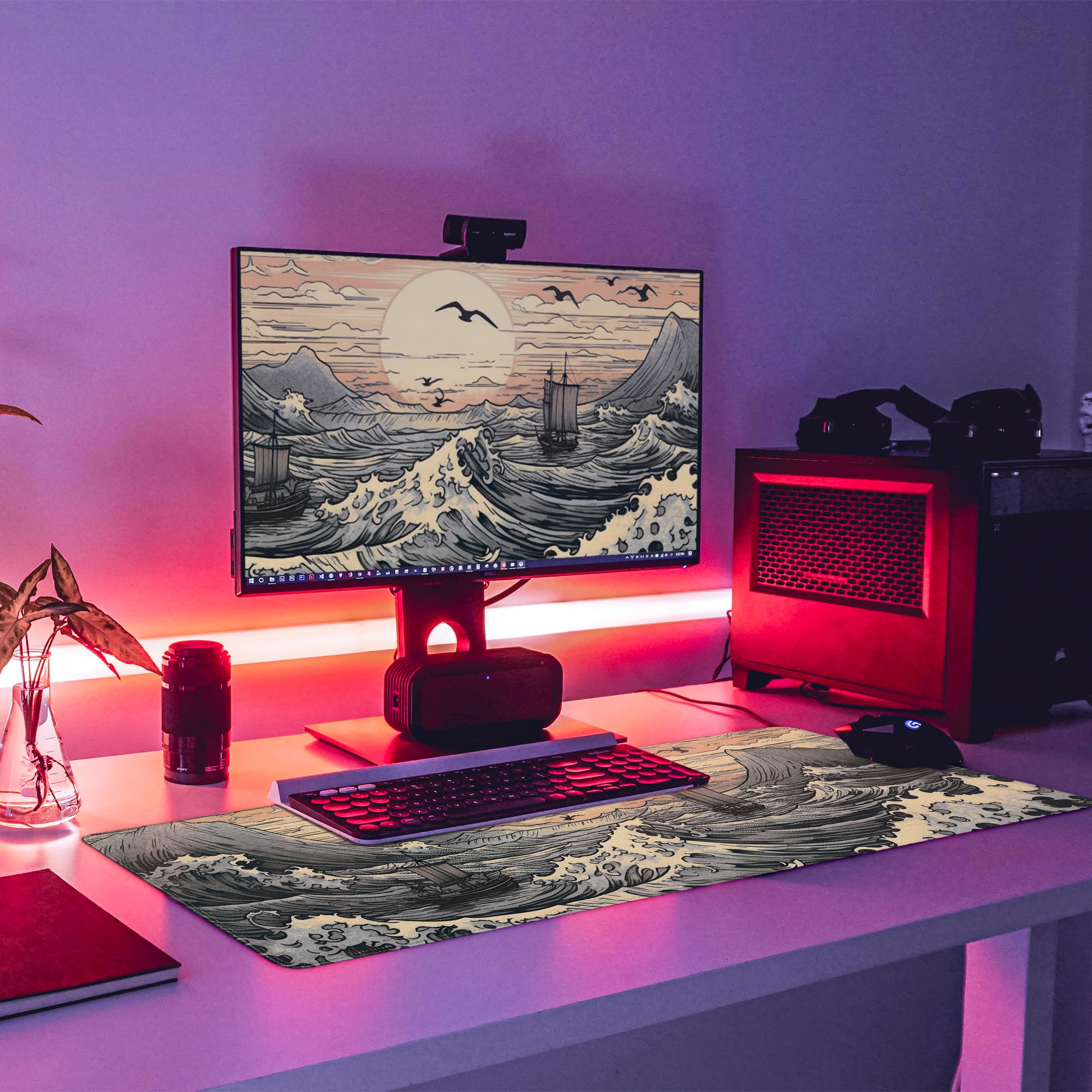 Japanese Sea Waves Large Gaming Mouse Pad,XL Mouse Pad Gaming Mouse Mat Desk Pad,31.5 x 11.8in Desk Mat Anime Mouse Pads for Desk,Extended Keyboard Pad Mousepad with Non-Slip Base and Stitched Edge
