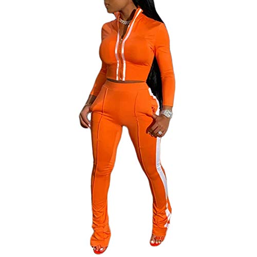Womens Striped Two Piece Outfit Tracksuits Casual Zip Up Jackets + Bodycon Long Pants Set L Orange