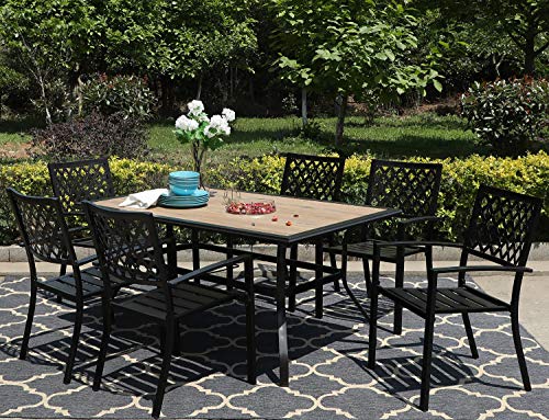 Sophia & William Patio Dining Set 7 Pieces Metal Outdoor Furniture Set, 6 x Metal Stackable Garden Chairs, 1 Patio Rectangle Umbrella Table Wood Like for Backyard Pool