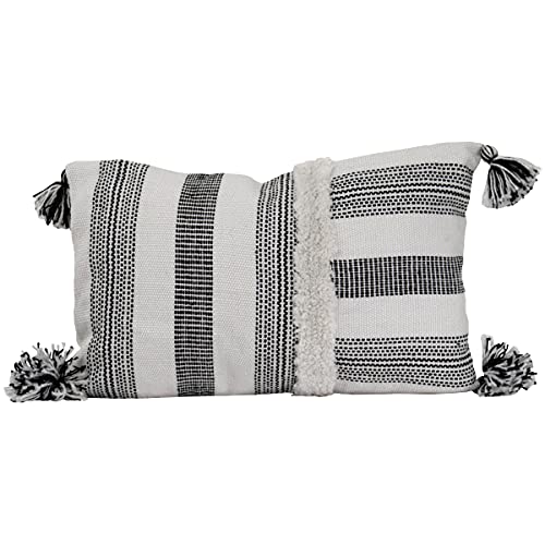 Foreside Home & Garden Black Striped Woven 14x22 Outdoor Decorative Throw Pillow with Hand Tied Tassels, 22 x 14 x 5