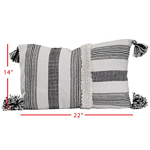Foreside Home & Garden Black Striped Woven 14x22 Outdoor Decorative Throw Pillow with Hand Tied Tassels, 22 x 14 x 5