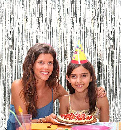 2 Pcs 3.2ft x 8.2ft Shiny Silver Metallic Tinsel Foil Fringe Curtains Photo Booth Backdrop for Birthday Wedding Holiday Celebration Bachelorette Party Decorons (Silver)