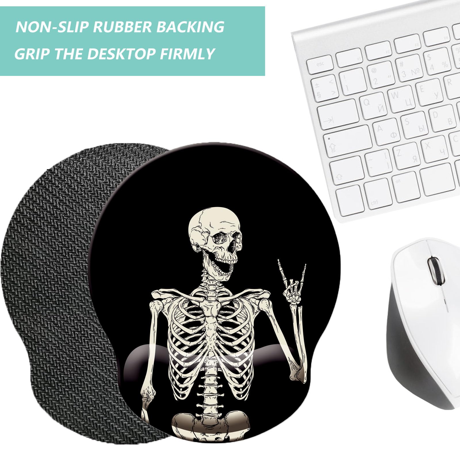 Mouse Pad with Wrist Support, Ergonomic Mouse Pad with Memory Foam Wrist Rest Cushion, Non-Slip Rubber Base Gaming Mice Pad for Home Office Computer Laptop, Human Skeleton