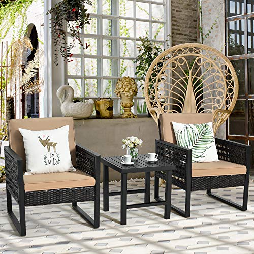 RELAX4LIFE 3-Piece Patio Furniture Set - Wicker Rattan Sofa Set, Bistro Set with Coffee Table, Seat & Back Cushions, Outdoor Conversation Set for Garden, Backyard, Poolside