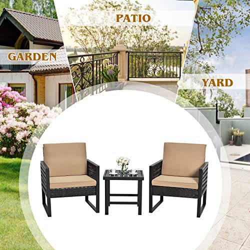 RELAX4LIFE 3-Piece Patio Furniture Set - Wicker Rattan Sofa Set, Bistro Set with Coffee Table, Seat & Back Cushions, Outdoor Conversation Set for Garden, Backyard, Poolside