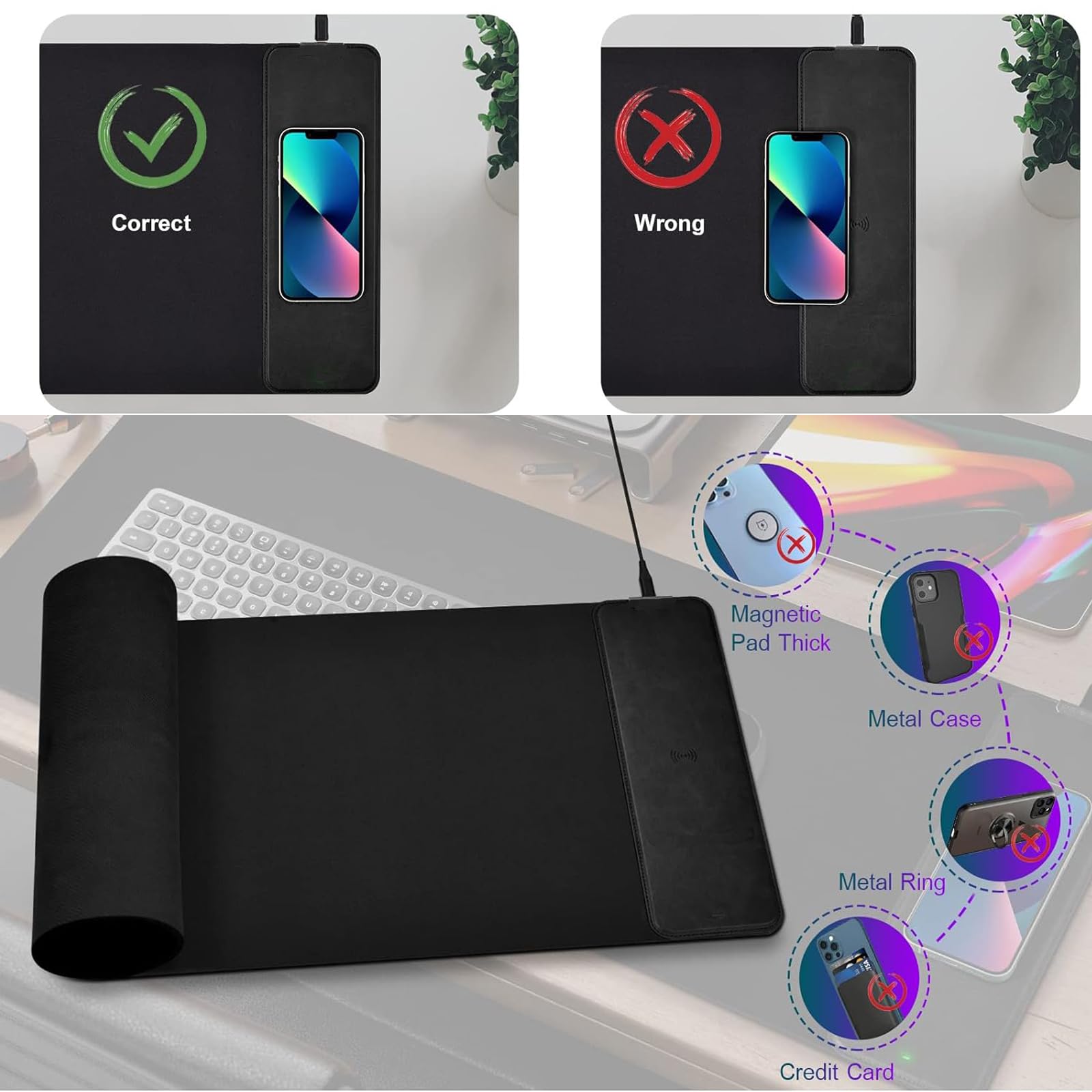 Wireless Charging RGB Gaming Mouse Pad, LED Mouse Pad 780x300x3MM, 14 Light Modes Extra Large Mousepad Non-Slip Rubber Base RGB Desk Mat for Gaming, MacBook, PC, Laptop, Desk