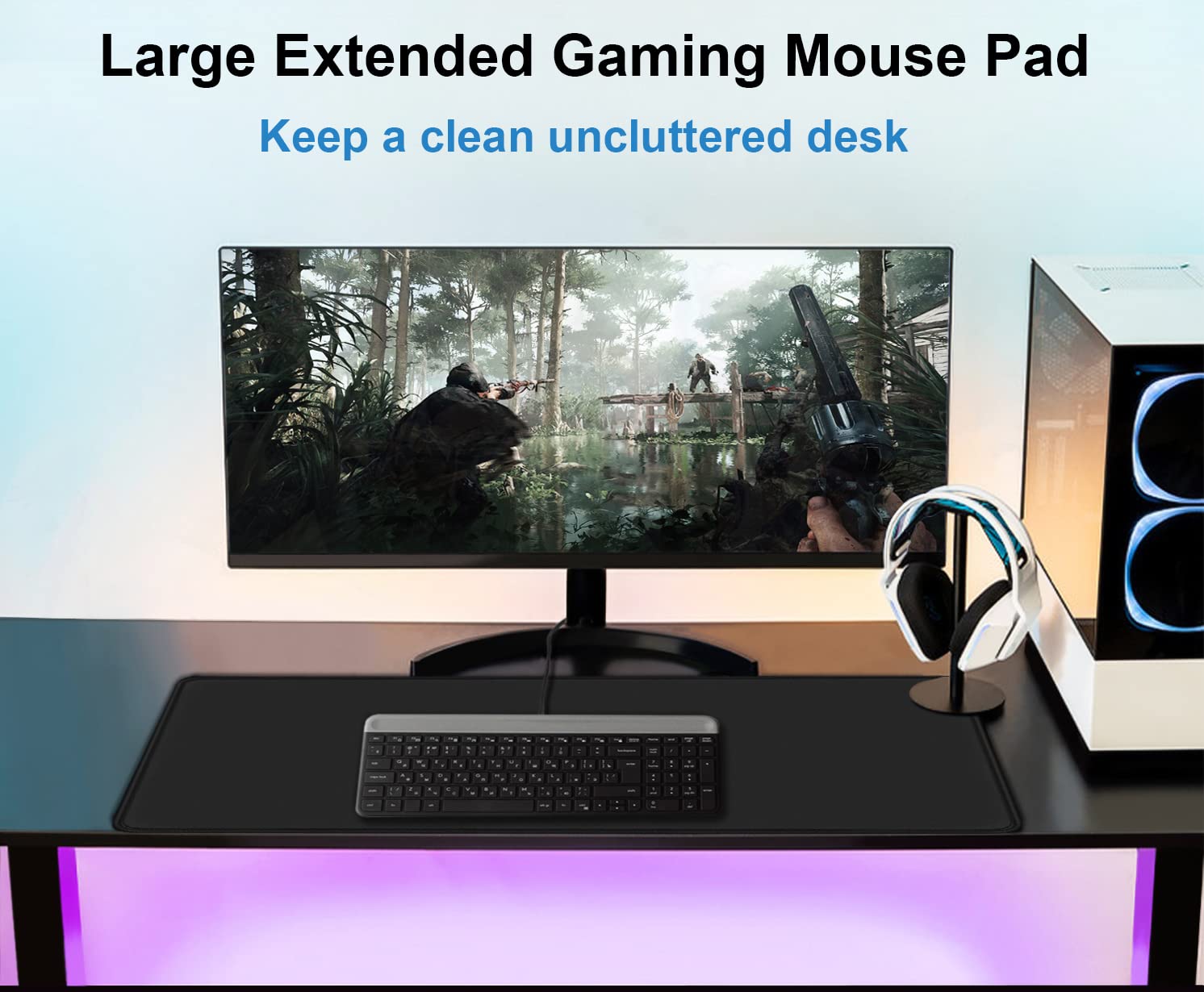 Large Gaming Mouse Pad 31.5 x 11.8, Extended Desk Mousepad with Stitched Edges, Premium Microfiber Cloth Surface, Waterproof Non-Slip Base Keyboard Mat for Home Office Gaming, Black