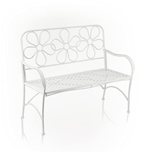 Alpine Corporation BAZ398WT Alpine Daisy Metal Bench, White Garden Furniture