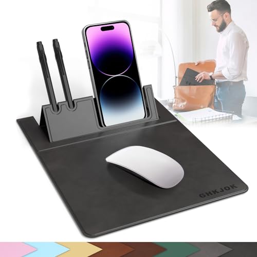 Travel Mouse Pad with Pen/Phone Holder - Foldable Portable for Laptop, PU Leather - Small Modern Thin Multifunctional Mouse Pad - Black