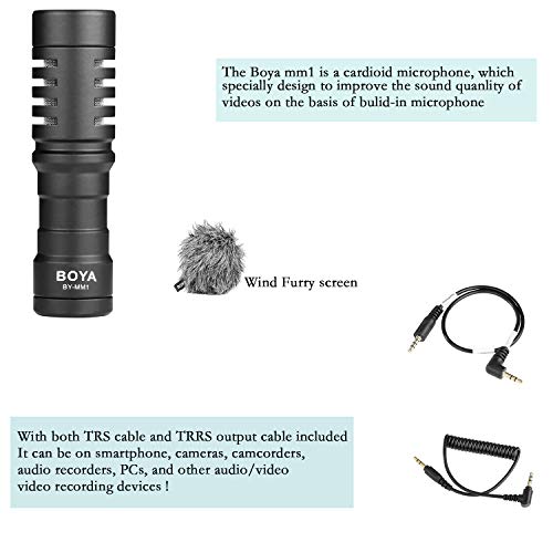 BOYA by-MM1 On-Camera Shotgun Microphone for iPhone, Android Smartphones, DSLR Cameras Camcorders - Battery-Free Camera Microphone Vlog Video Mic