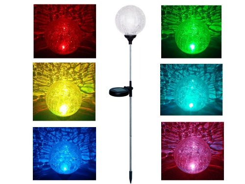 Solar 3.5" Clear Crackle Glass Ball, Multi-Color Color Changing LED Light, Garden Decor Stake Yard LED Light