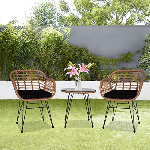 TRRAPLE 3 Pieces Patio Furniture Set, Outdoor Wicker Patio Furniture Sets Modern Bistro Set Rattan Chair Conversation Sets with Glass Top Side Table for Yard and Garden