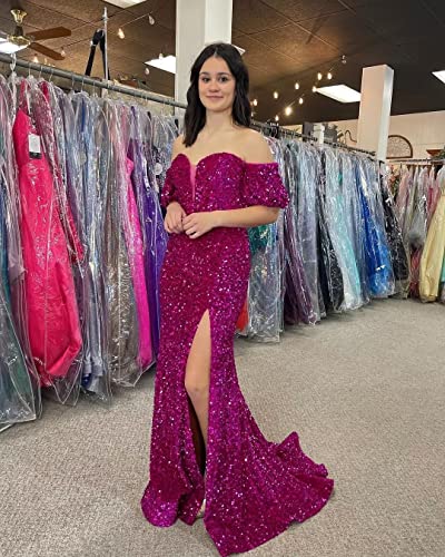 White Slive Sequin Off Shoulder Sparkly Prom Dresses Long for Women with Puffy Sleeves Backless Mermaid Formal Evening Gowns with High Slit Fitted Size US 04