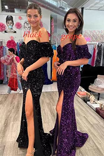 White Slive Sequin Off Shoulder Sparkly Prom Dresses Long for Women with Puffy Sleeves Backless Mermaid Formal Evening Gowns with High Slit Fitted Size US 04