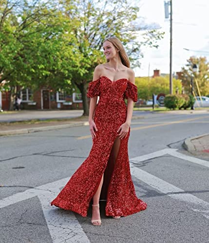 White Slive Sequin Off Shoulder Sparkly Prom Dresses Long for Women with Puffy Sleeves Backless Mermaid Formal Evening Gowns with High Slit Fitted Size US 04