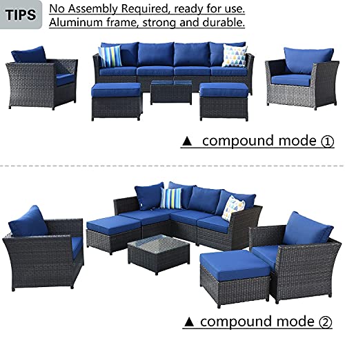 XIZZI Outdoor Patio Furniture No Assembly Required 9 PCS Patio Furniture Sets PE Rattan Wicker with 2 Pillows and Coffee Table, Backyard Patio Conversation Sets Sectional Sofa (Navy Blue)