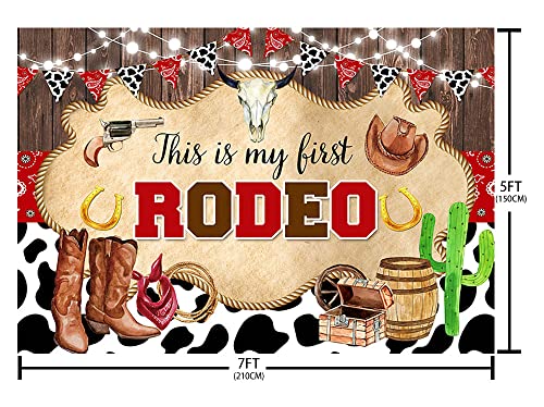 AIBIIN 7x5ft My First Rodeo 1st Birthday Backdrop Western Cowboy First Bday Photo Photography Background Cow Print Wild West Rustic Wood Boot Hat Party Decorations Banner Photo Shoot Studio Props
