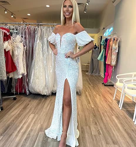 White Slive Sequin Off Shoulder Sparkly Prom Dresses Long for Women with Puffy Sleeves Backless Mermaid Formal Evening Gowns with High Slit Fitted Size US 04