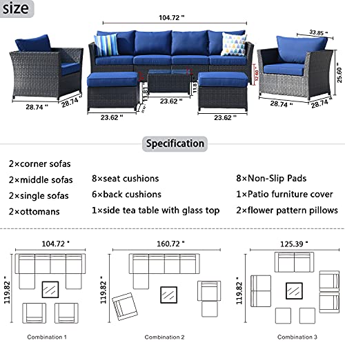 XIZZI Outdoor Patio Furniture No Assembly Required 9 PCS Patio Furniture Sets PE Rattan Wicker with 2 Pillows and Coffee Table, Backyard Patio Conversation Sets Sectional Sofa (Navy Blue)