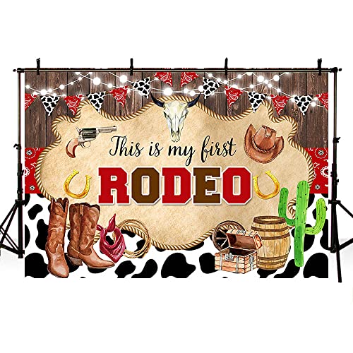 AIBIIN 7x5ft My First Rodeo 1st Birthday Backdrop Western Cowboy First Bday Photo Photography Background Cow Print Wild West Rustic Wood Boot Hat Party Decorations Banner Photo Shoot Studio Props