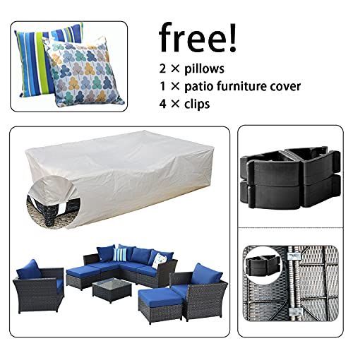 XIZZI Outdoor Patio Furniture No Assembly Required 9 PCS Patio Furniture Sets PE Rattan Wicker with 2 Pillows and Coffee Table, Backyard Patio Conversation Sets Sectional Sofa (Navy Blue)
