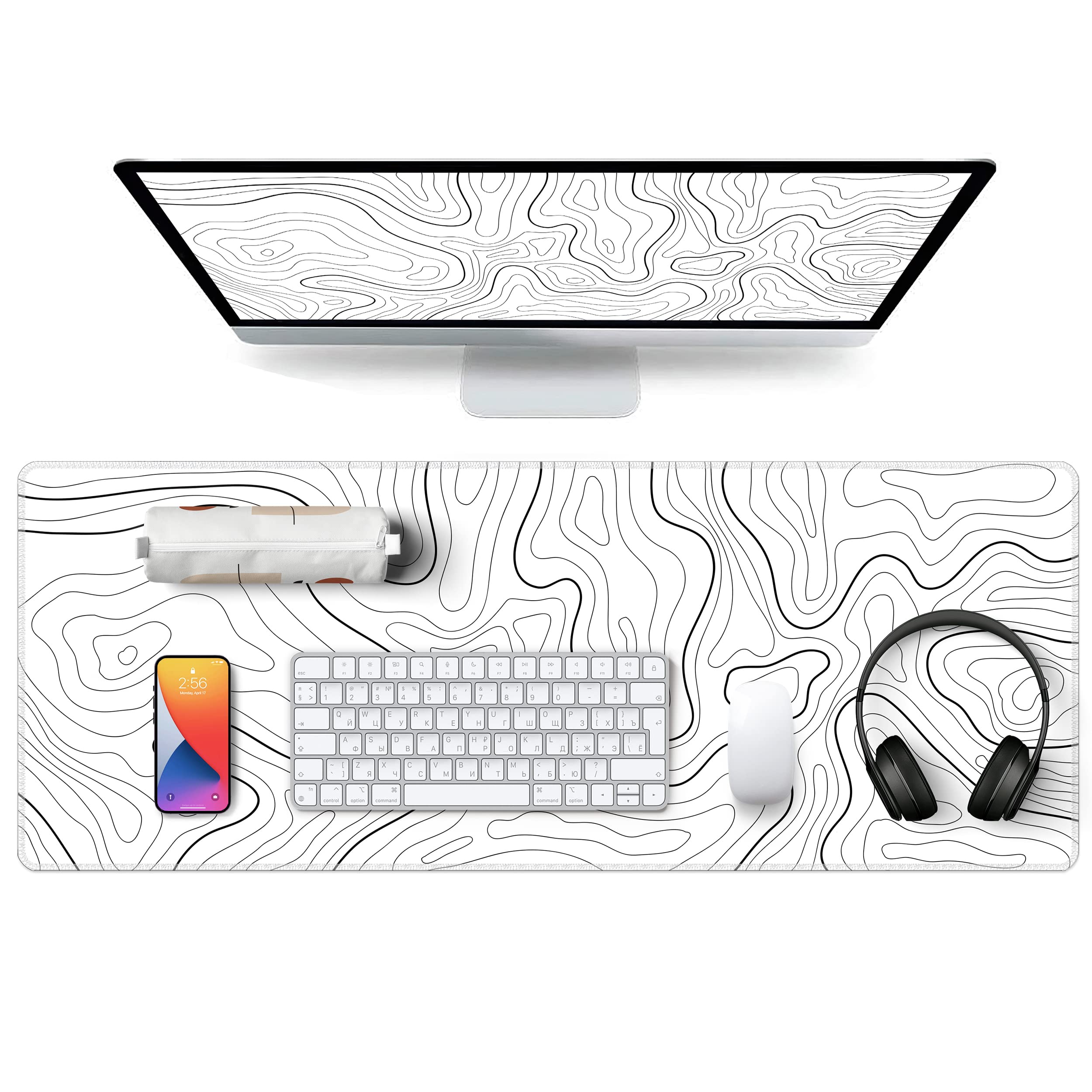 【Super Smooth Fabric】 Minimalist Desk Mat Topographic Pattern Gaming Mouse Pad Large Desk Pad with Stitched Edges Gaming Mousepad Aesthetic Deskmat XL, Keyboard Pad for Women Desk 31.5"x11.8" White