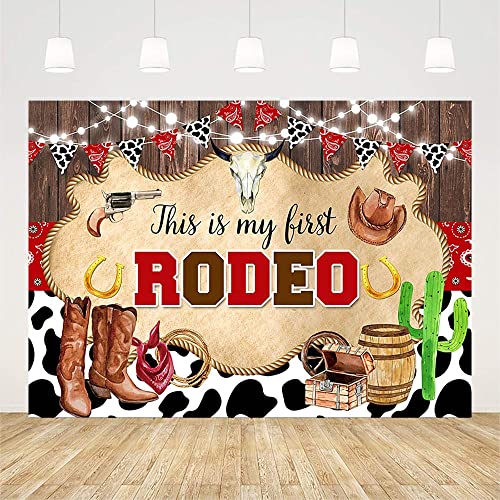 AIBIIN 7x5ft My First Rodeo 1st Birthday Backdrop Western Cowboy First Bday Photo Photography Background Cow Print Wild West Rustic Wood Boot Hat Party Decorations Banner Photo Shoot Studio Props