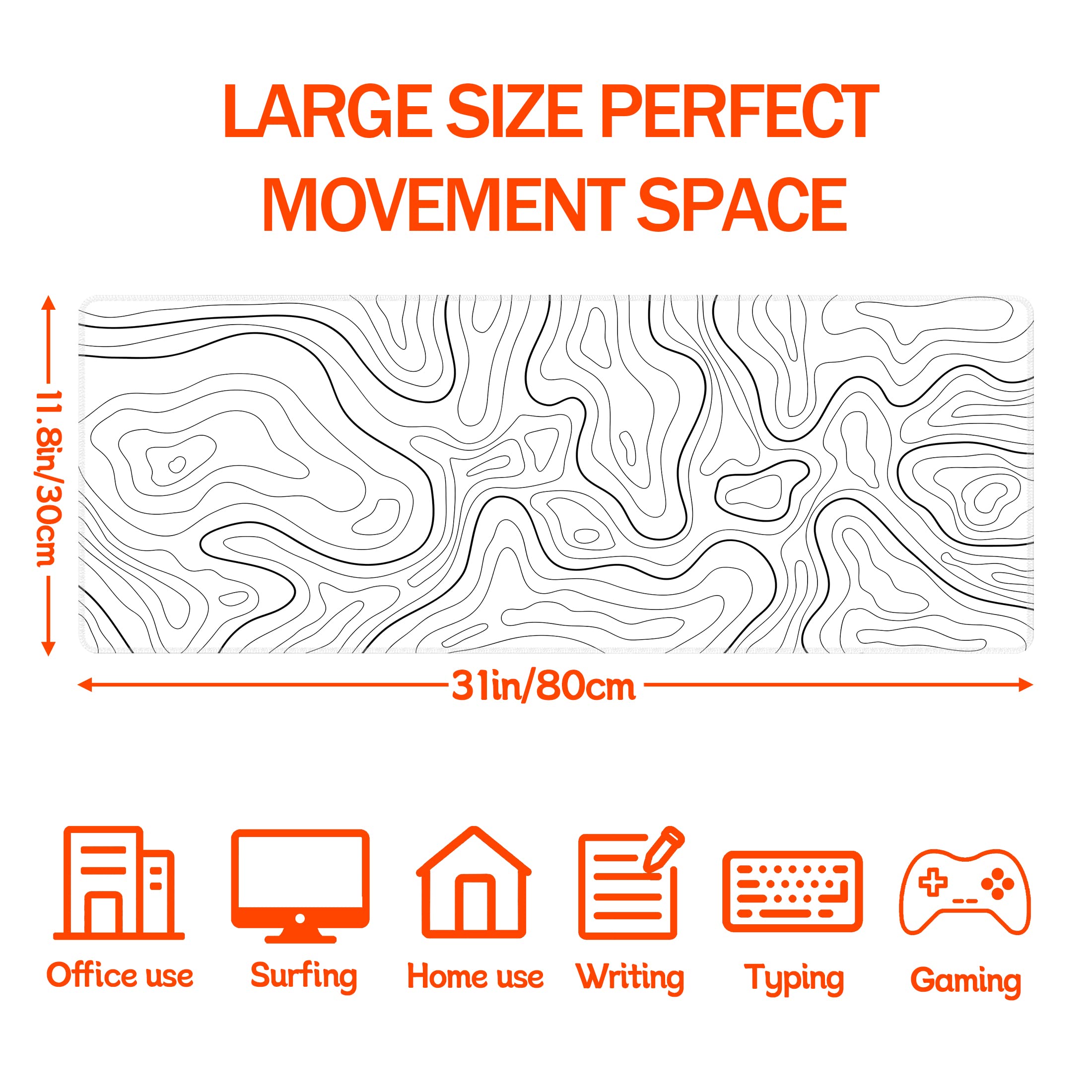 【Super Smooth Fabric】 Minimalist Desk Mat Topographic Pattern Gaming Mouse Pad Large Desk Pad with Stitched Edges Gaming Mousepad Aesthetic Deskmat XL, Keyboard Pad for Women Desk 31.5"x11.8" White
