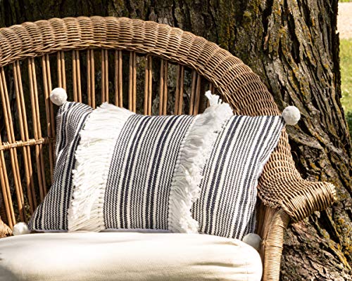 Foreside Home & Garden FIPL09258 Blue Decorative Throw Striped Woven 14x22 Outdoor Pillow w/Hand Tied Tassel Poms