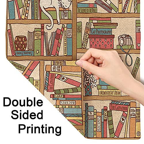 Moslion Book Garden Flag 12.5x18 Inch Cartoon Bookshelf with Cute Sleeping Cat Kitten in Library Yard Flag Burlap Banners Vertical Double Sided for Farm House Outside