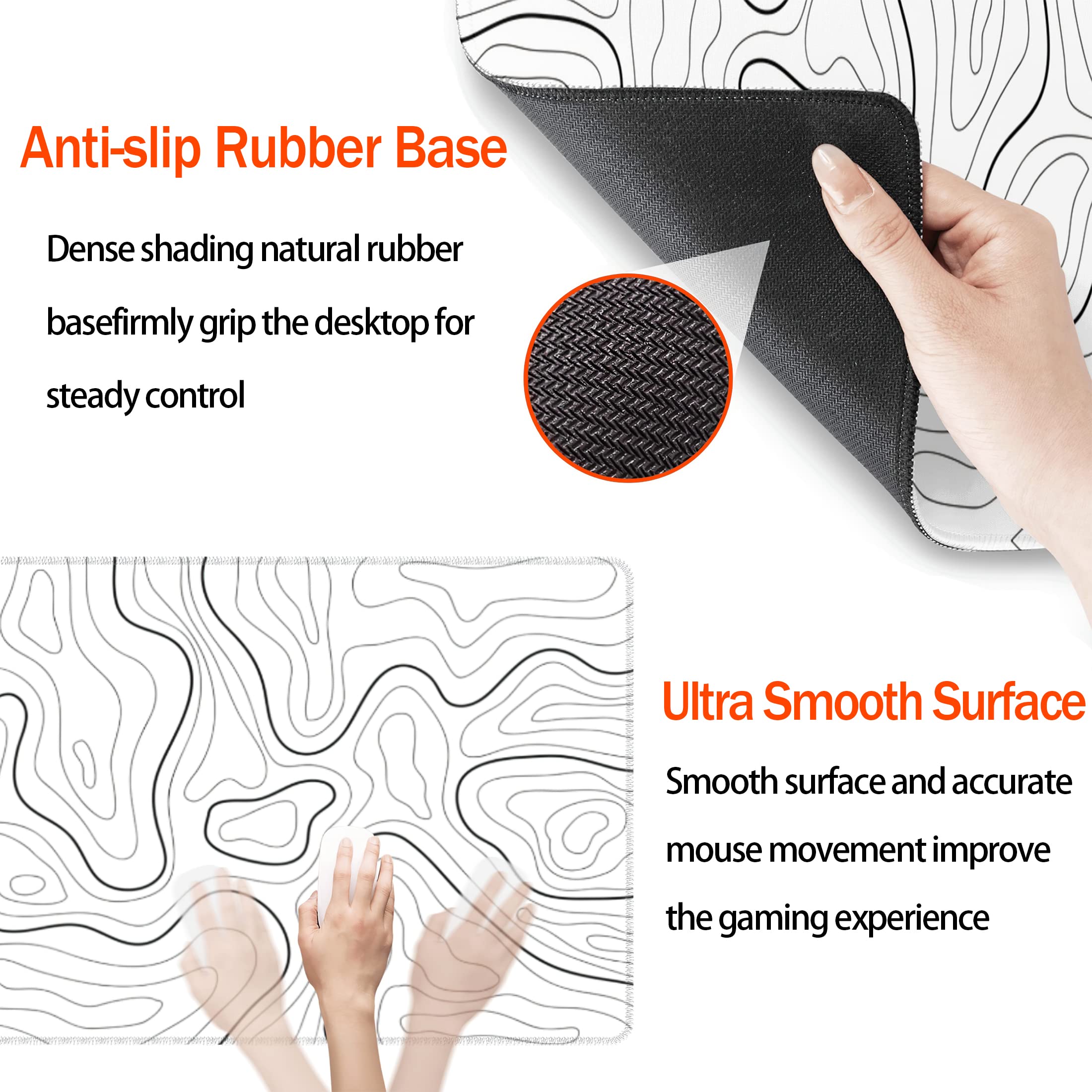 【Super Smooth Fabric】 Minimalist Desk Mat Topographic Pattern Gaming Mouse Pad Large Desk Pad with Stitched Edges Gaming Mousepad Aesthetic Deskmat XL, Keyboard Pad for Women Desk 31.5"x11.8" White