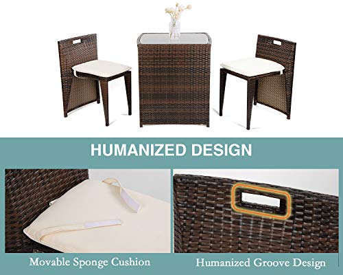 FDW Patio Set 3 Pieces Outdoor Wicker Patio Furniture Sets Wicker Bistro Set Rattan Chair Conversation Sets Patio Sofa Wicker Table Set for Yard Backyard Lawn Porch Poolside Balcony,Brown