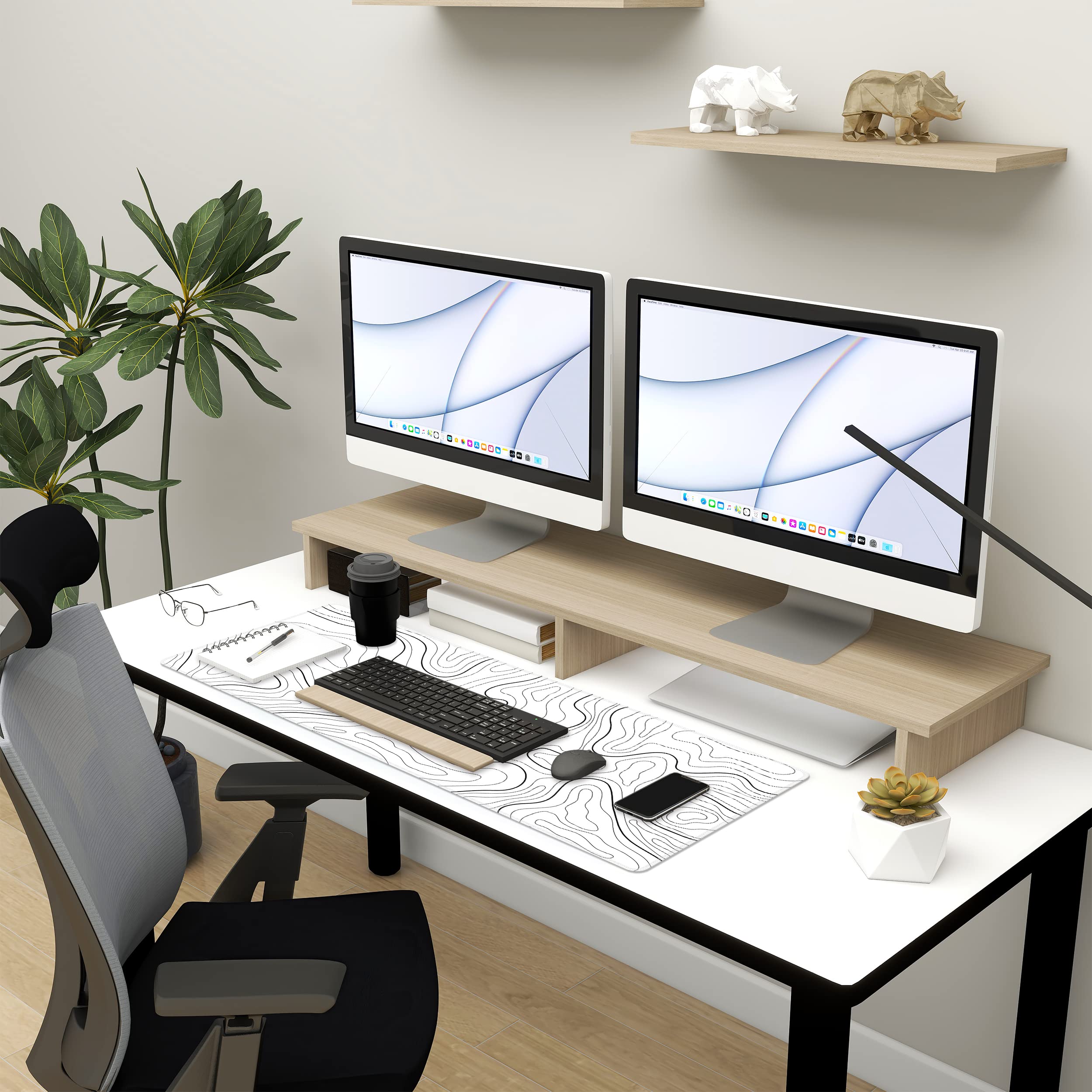 【Super Smooth Fabric】 Minimalist Desk Mat Topographic Pattern Gaming Mouse Pad Large Desk Pad with Stitched Edges Gaming Mousepad Aesthetic Deskmat XL, Keyboard Pad for Women Desk 31.5"x11.8" White