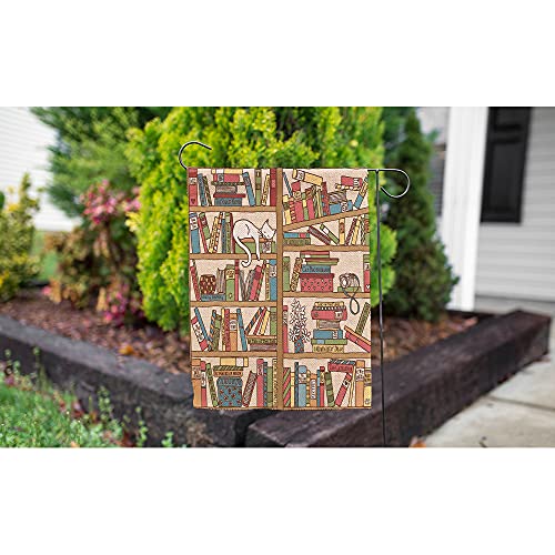 Moslion Book Garden Flag 12.5x18 Inch Cartoon Bookshelf with Cute Sleeping Cat Kitten in Library Yard Flag Burlap Banners Vertical Double Sided for Farm House Outside