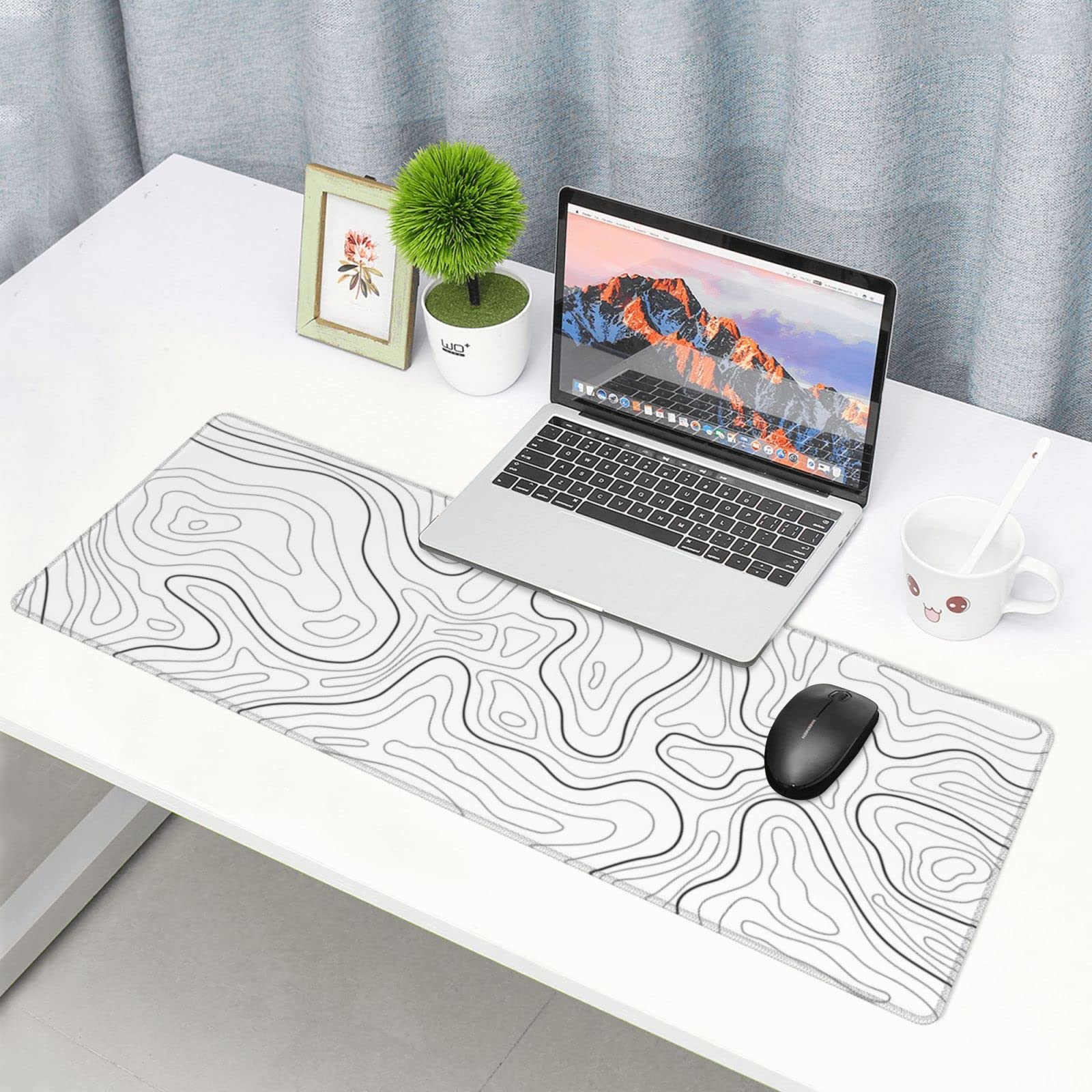 【Super Smooth Fabric】 Minimalist Desk Mat Topographic Pattern Gaming Mouse Pad Large Desk Pad with Stitched Edges Gaming Mousepad Aesthetic Deskmat XL, Keyboard Pad for Women Desk 31.5"x11.8" White