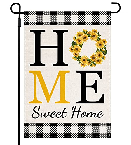 QWETRY Sunflower Home Sweet Home Garden Flag for Outside Summer Flags for Farmhouse Lawn Outdoor Décor, Burlap Vertical Buffalo Check Plaid Flower Small Rustic Yard Flags 12.5 x 18 Inch Double Sided