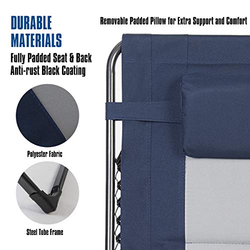 Coastrail Outdoor Zero Gravity Chair Oversized XXL 33.5" Width Patio Recliner Padded Reclining Folding Lounger with Pillow, Side Table for Camping, Lawn, Garden, 500lbs Capacity Blue/1pack