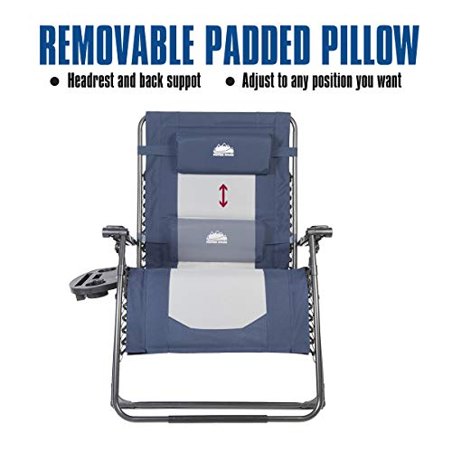 Coastrail Outdoor Zero Gravity Chair Oversized XXL 33.5" Width Patio Recliner Padded Reclining Folding Lounger with Pillow, Side Table for Camping, Lawn, Garden, 500lbs Capacity Blue/1pack
