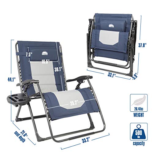 Coastrail Outdoor Zero Gravity Chair Oversized XXL 33.5" Width Patio Recliner Padded Reclining Folding Lounger with Pillow, Side Table for Camping, Lawn, Garden, 500lbs Capacity Blue/1pack