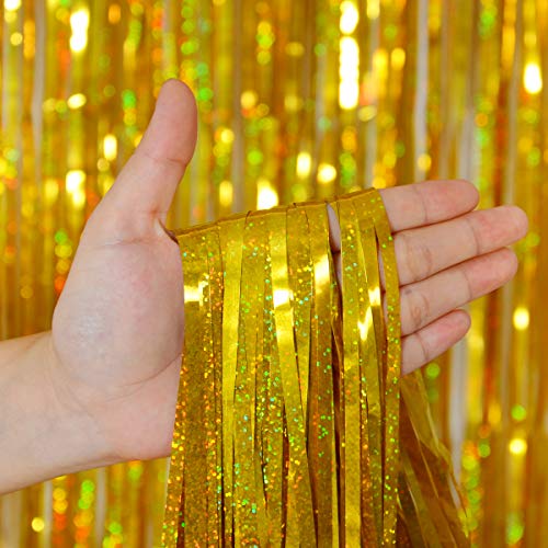 Foil Fringe Curtains Party Decorations - Melsan 3 Pack 3.2 x 8.2 ft Tinsel Curtain Party Photo Backdrop for Birthday Party Baby Shower or Graduation Decorations Gold