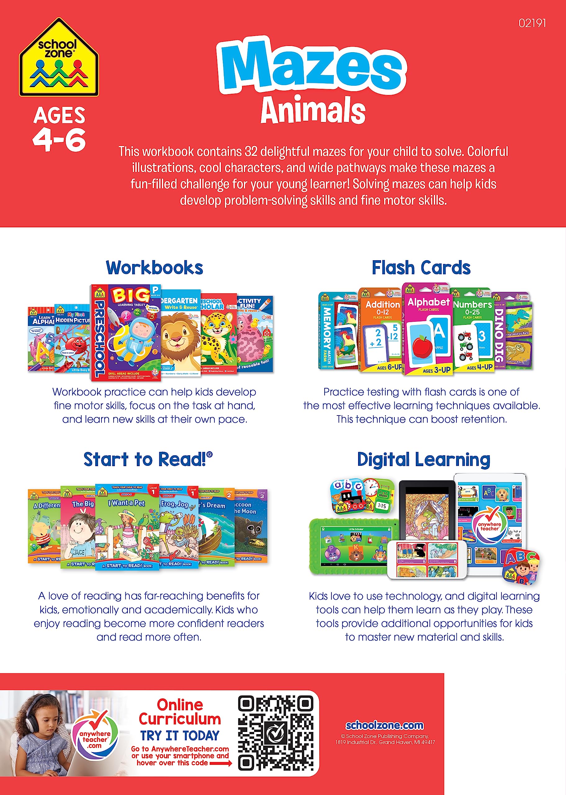 School Zone - Mazes Animals Workbook - Ages 4 to 6, Preschool, Kindergarten, Puzzles, Alphabet, Animal Names, Colorful Pictures, Problem-Solving, and More (School Zone Activity ZoneĀ® Workbook Series)
