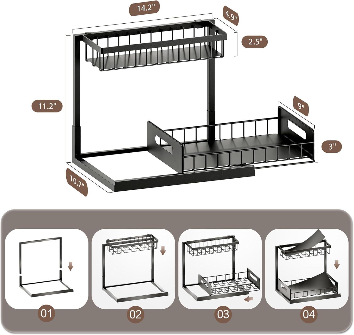 2 Pack Under Sink Organizers and Storage, UINOFLE 2 Tier Sliding Cabinet Organizer Drawer with 8 Hooks Adjustable Depth Pull Out Cabinet Organizer Multi-Purpose Organizer for Bathroom Kitchen (Black)