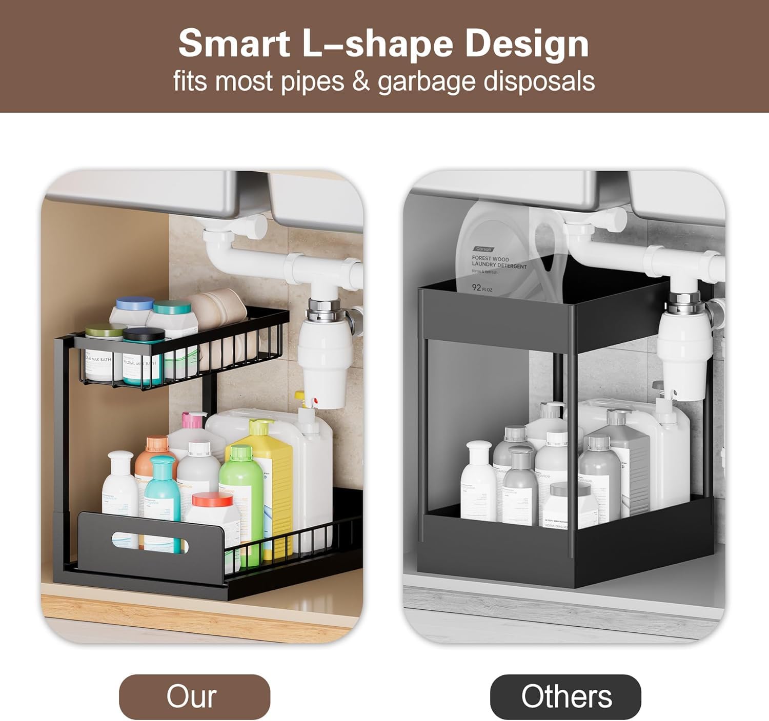2 Pack Under Sink Organizers and Storage, UINOFLE 2 Tier Sliding Cabinet Organizer Drawer with 8 Hooks Adjustable Depth Pull Out Cabinet Organizer Multi-Purpose Organizer for Bathroom Kitchen (Black)