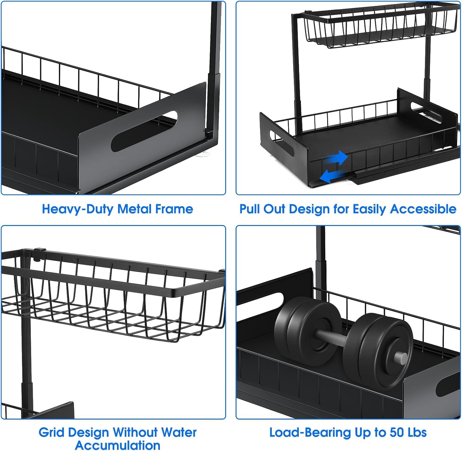 2 Pack Under Sink Organizers and Storage, UINOFLE 2 Tier Sliding Cabinet Organizer Drawer with 8 Hooks Adjustable Depth Pull Out Cabinet Organizer Multi-Purpose Organizer for Bathroom Kitchen (Black)