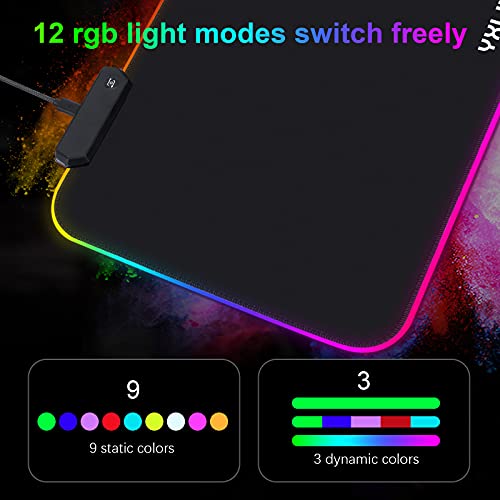 YXLILI RGB Mouse Pad, Led Gaming Mouse Pads 13.8" X 9.8" with 12 Lighting Modes, Anti-Slip Rubber Base Mousepads Water Resistant Mouse Mat for Wireless Computer Mouse for Office Home Gaming Working