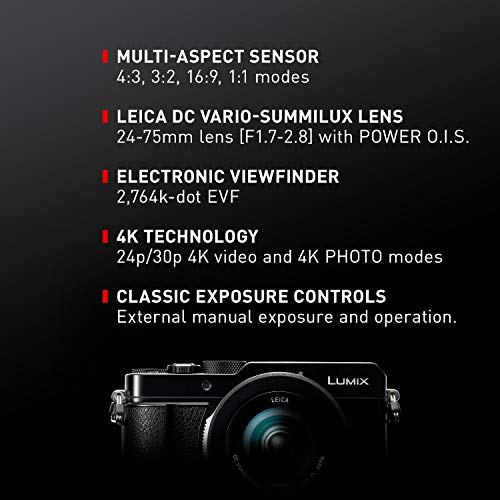 Panasonic Lumix LX100 II Large Four Thirds 21.7 MP Multi Aspect Sensor 24-75mm Leica DC VARIO-SUMMILUX F1.7-2.8 Lens Wi-Fi and Bluetooth Camera with 3" LCD, Black (DC-LX100M2)